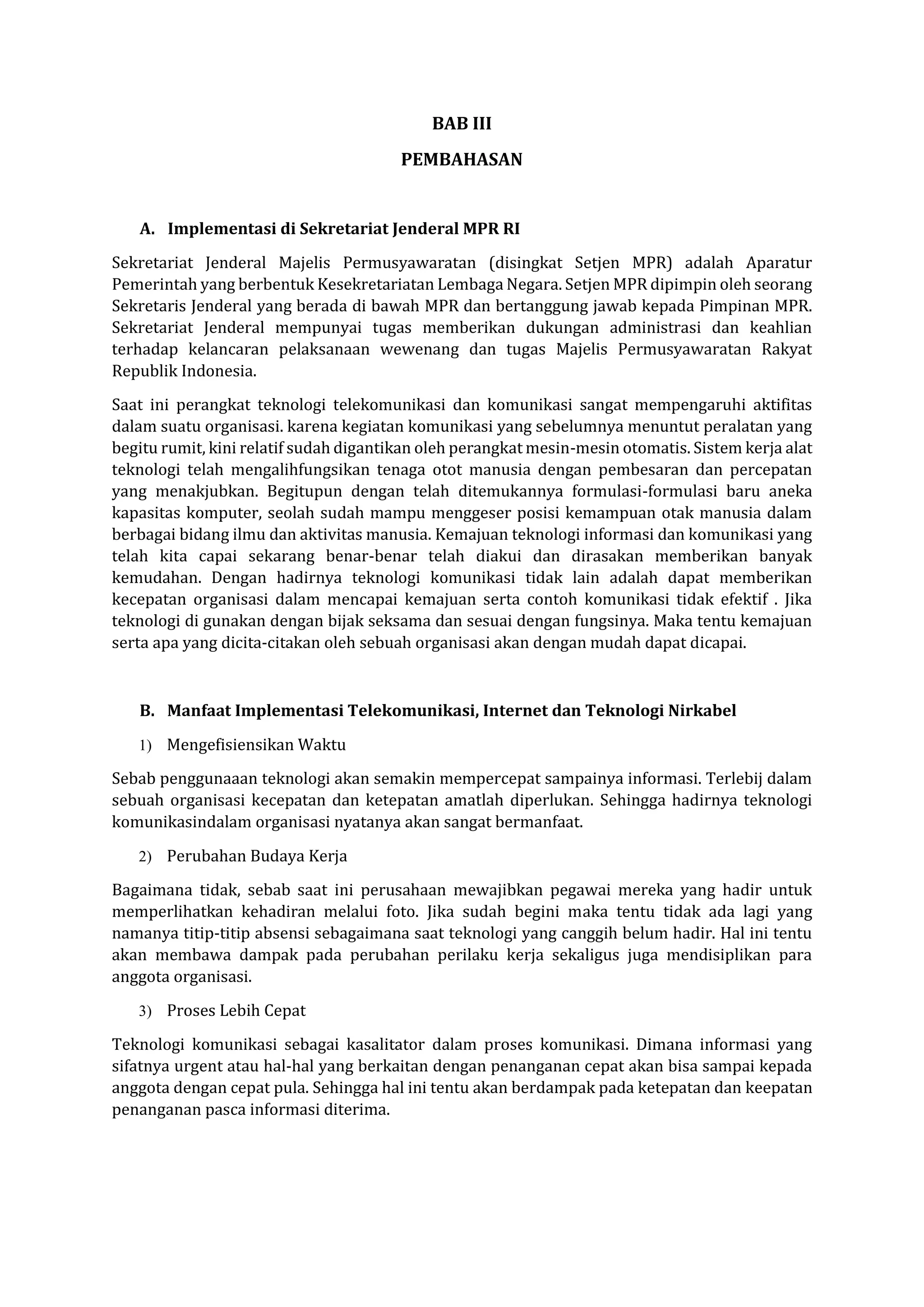Implementasi telekomunikasi, internet dan teknologi nirkabel pada setjen mpr | PDF