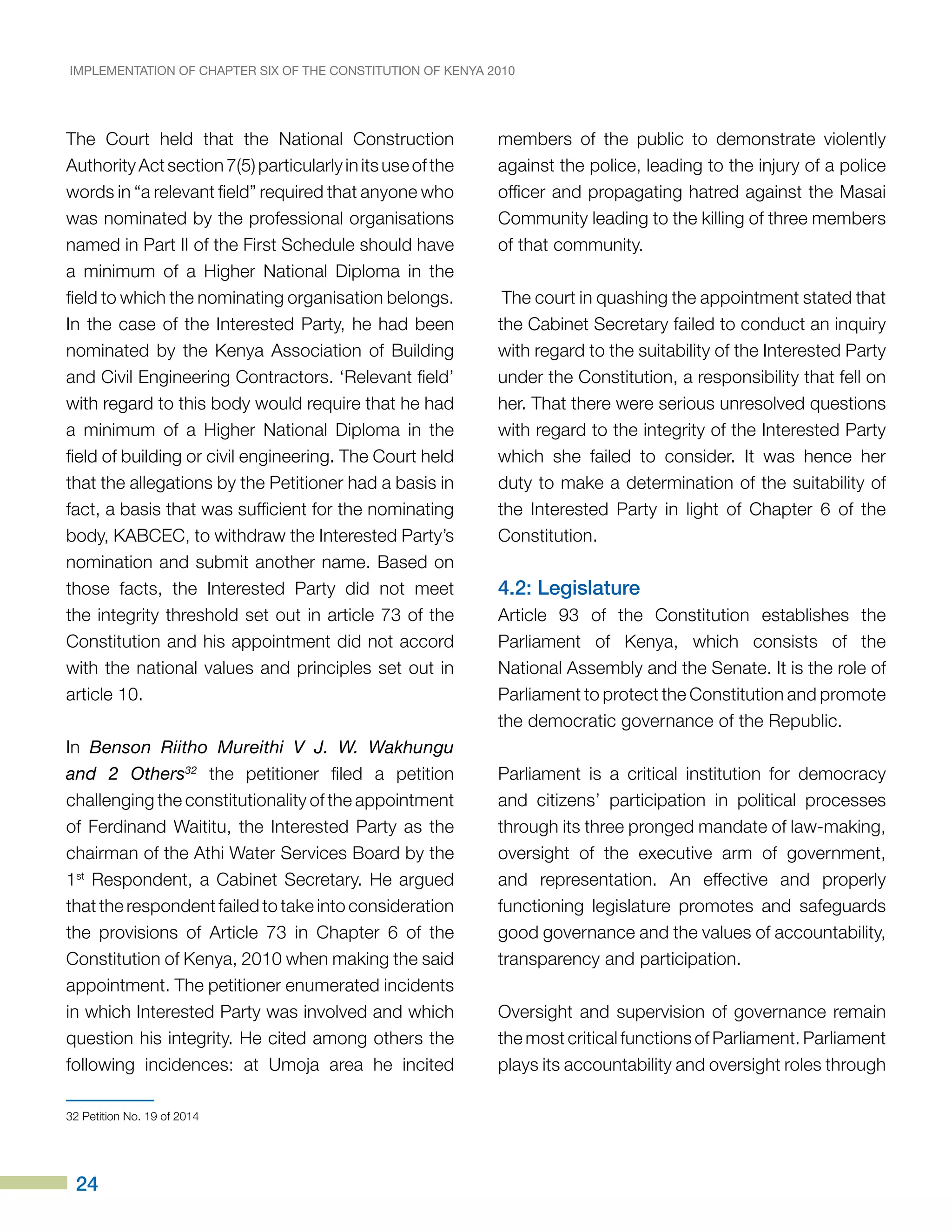 Implementation of Chapter Six of the Constitution of Kenya 2010 | PDF