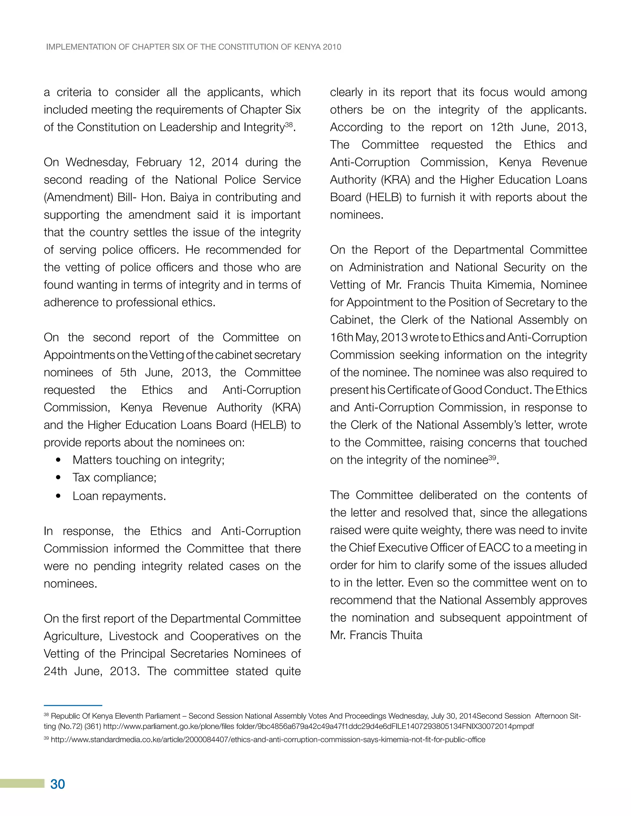 Implementation of Chapter Six of the Constitution of Kenya 2010 | PDF