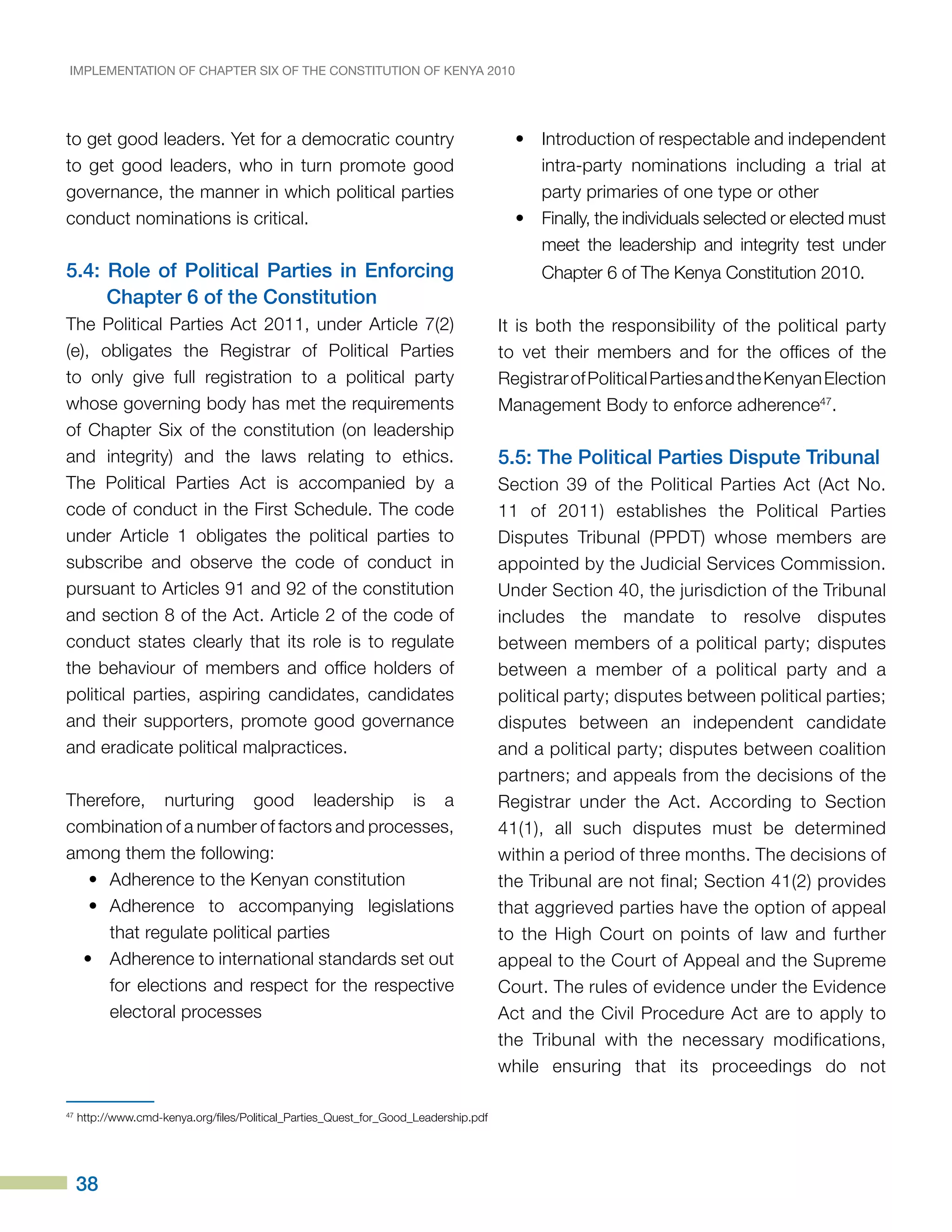 Implementation of Chapter Six of the Constitution of Kenya 2010 | PDF