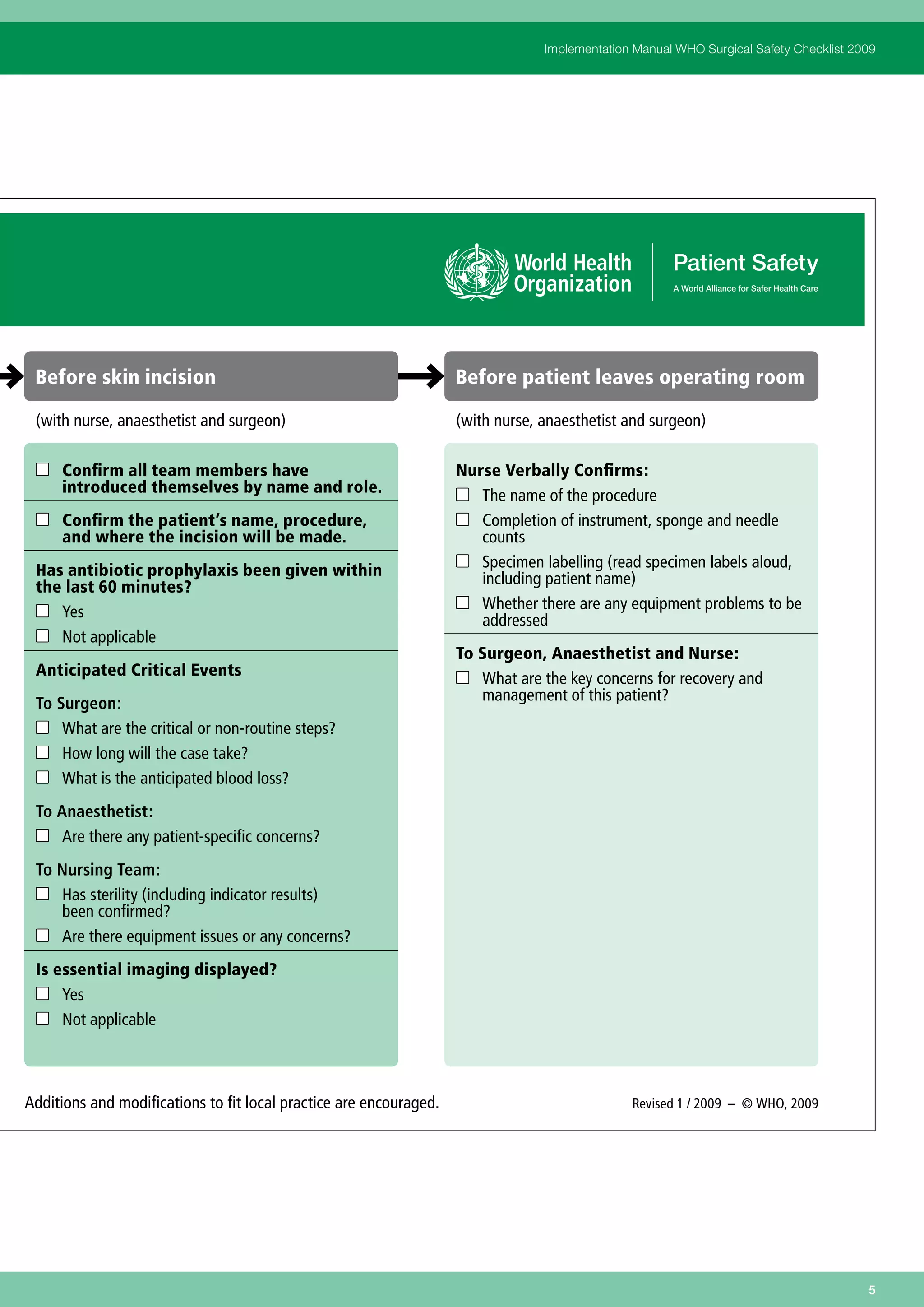 Implementation manual who surgical safety checklist 2009 | PDF