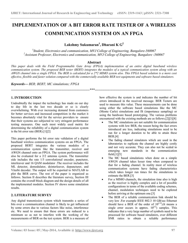 Implementation Of A Bit Error Rate Tester Of A Wireless Communication System On An Fpga Pdf