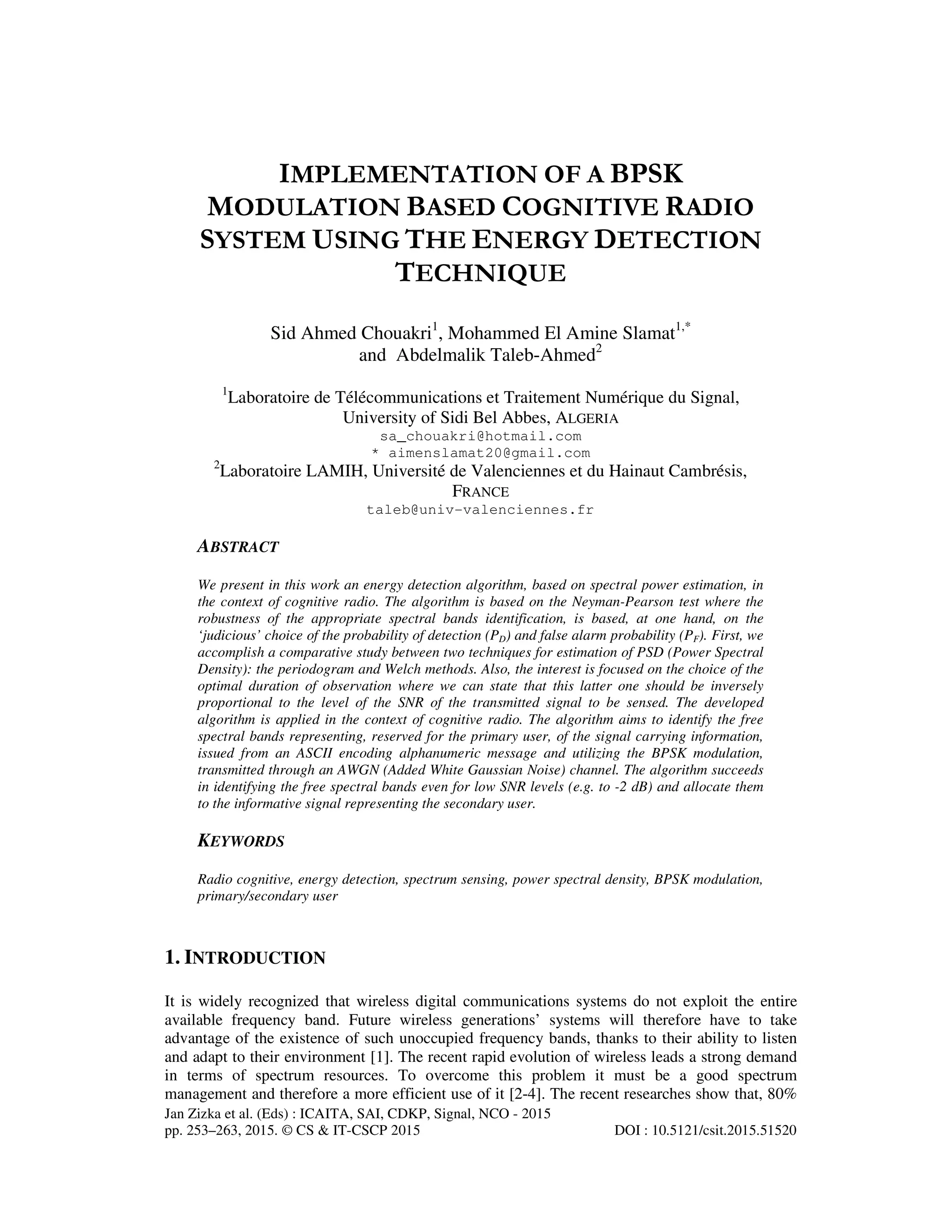 Implementation Of A Bpsk Modulation Based Cognitive Radio System Using 7880