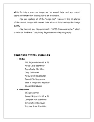 Implementation of bpcs steganography (synopsis) | DOC | Internet | Computing