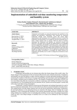 Implementation of embedded real time monitoring temperature and humidity system | PDF