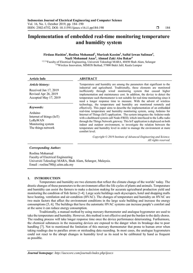 Implementation Of Embedded Real Time Monitoring Temperature And Humidity System Pdf