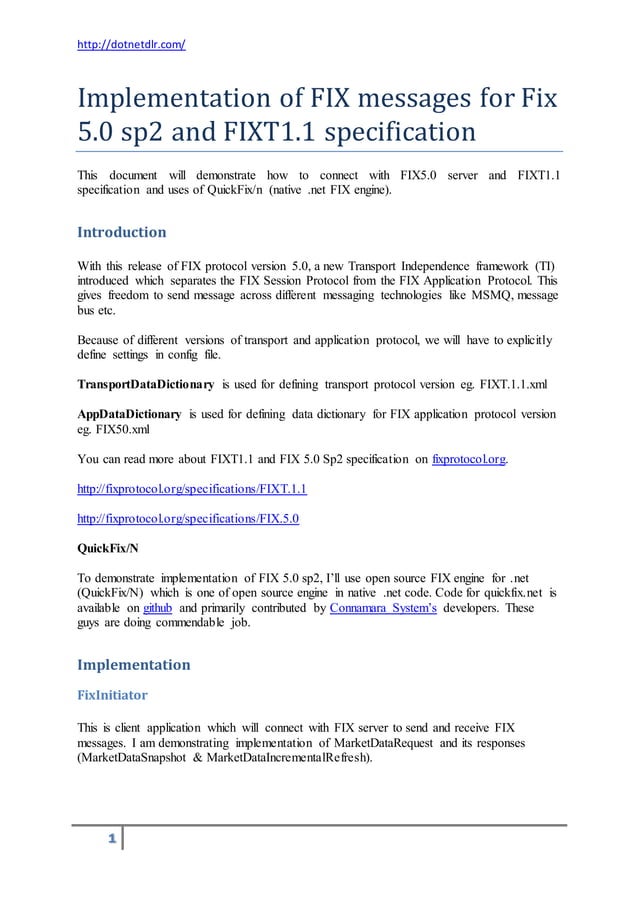 Implementation of fix messages for fix 5.0 sp2 and fixt1.1 ...