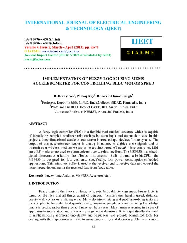 Implementation of fuzzy logic using mems accelerometer for controlling bldc | PDF