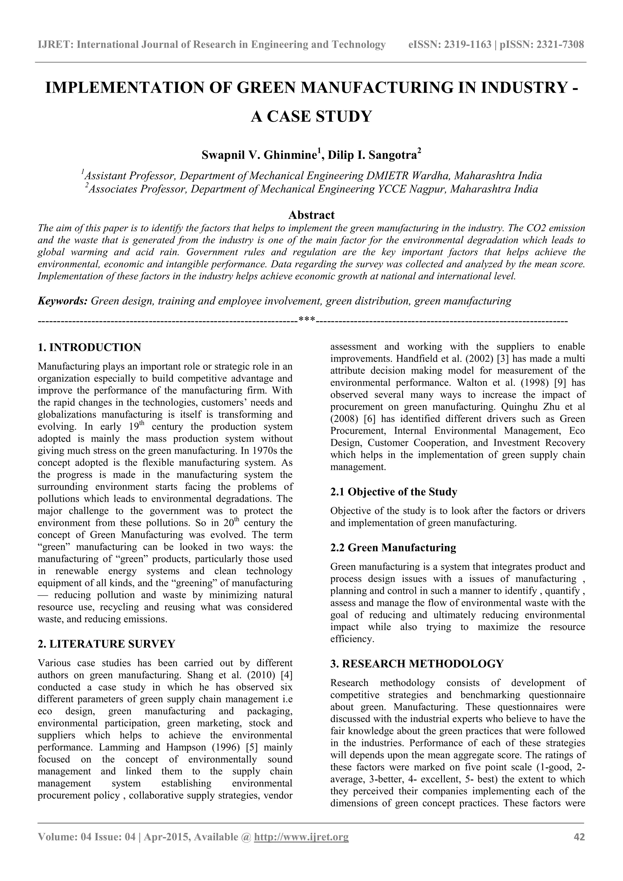 Implementation of green manufacturing in industry a case study | PDF