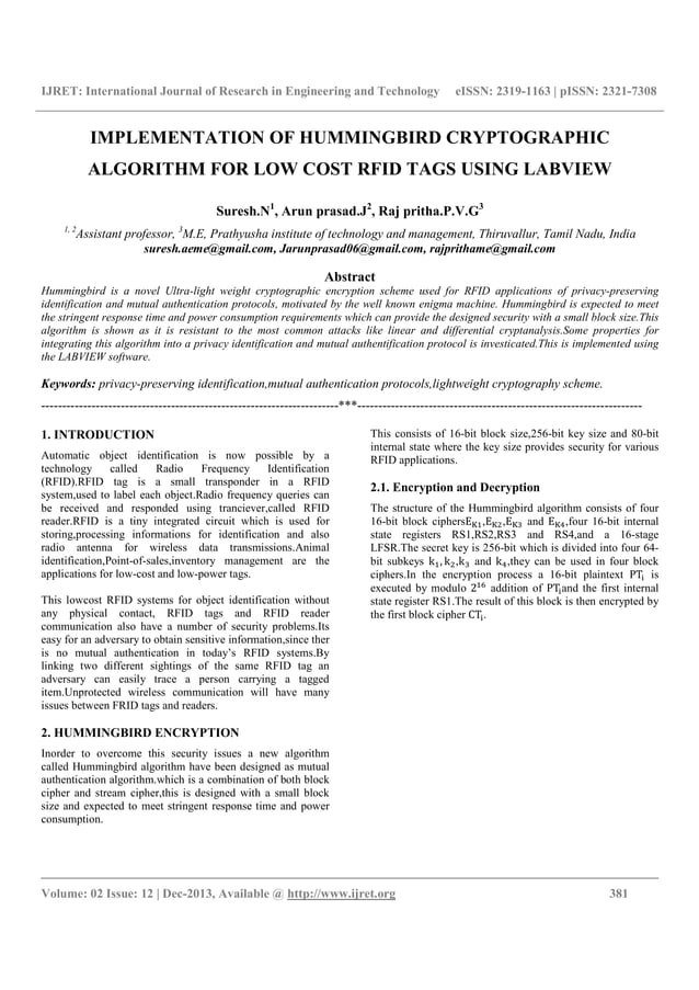 Implementation of hummingbird cryptographic | PDF | Internet of Things | Internet