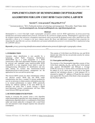 Implementation of hummingbird cryptographic algorithm for low cost rfid tags using labview | PDF ...