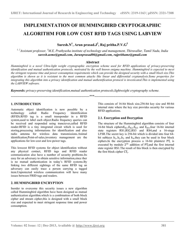 Implementation of hummingbird cryptographic algorithm for low cost rfid tags using labview | PDF ...