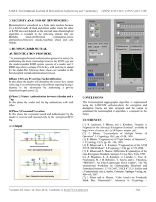Implementation of hummingbird cryptographic algorithm for low cost rfid tags using labview | PDF ...