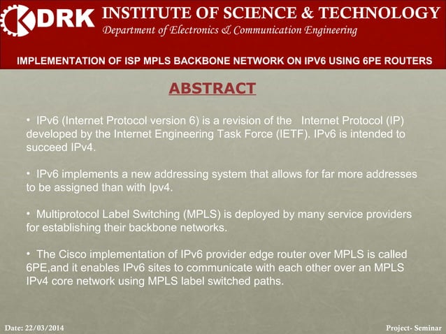 Implementation Of Isp Mpls Backbone Network On I Pv6 Using 6 Pe Routers Main Ppt Ppt