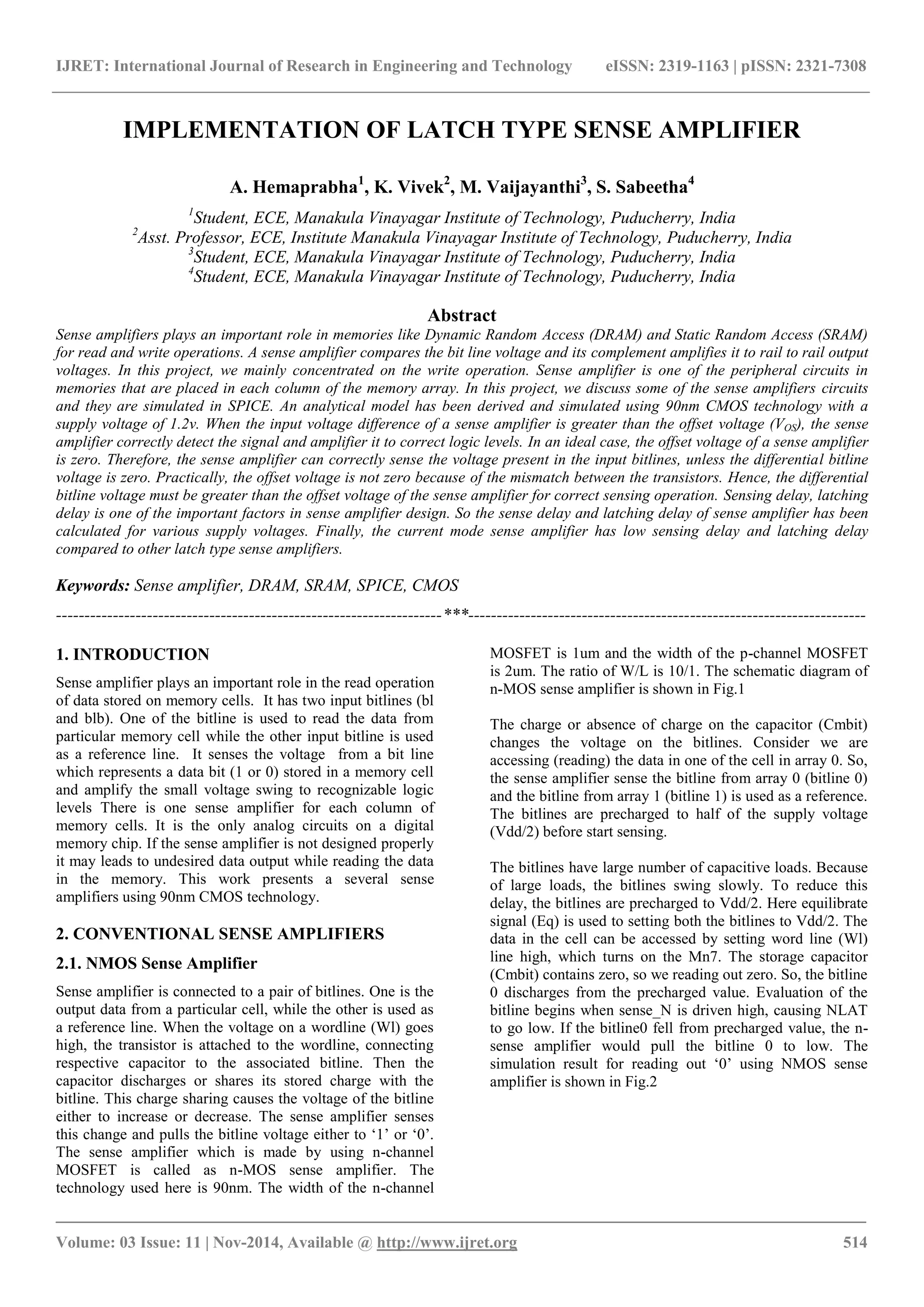 Implementation of latch type sense amplifier | PDF | Computer Peripherals | Computing