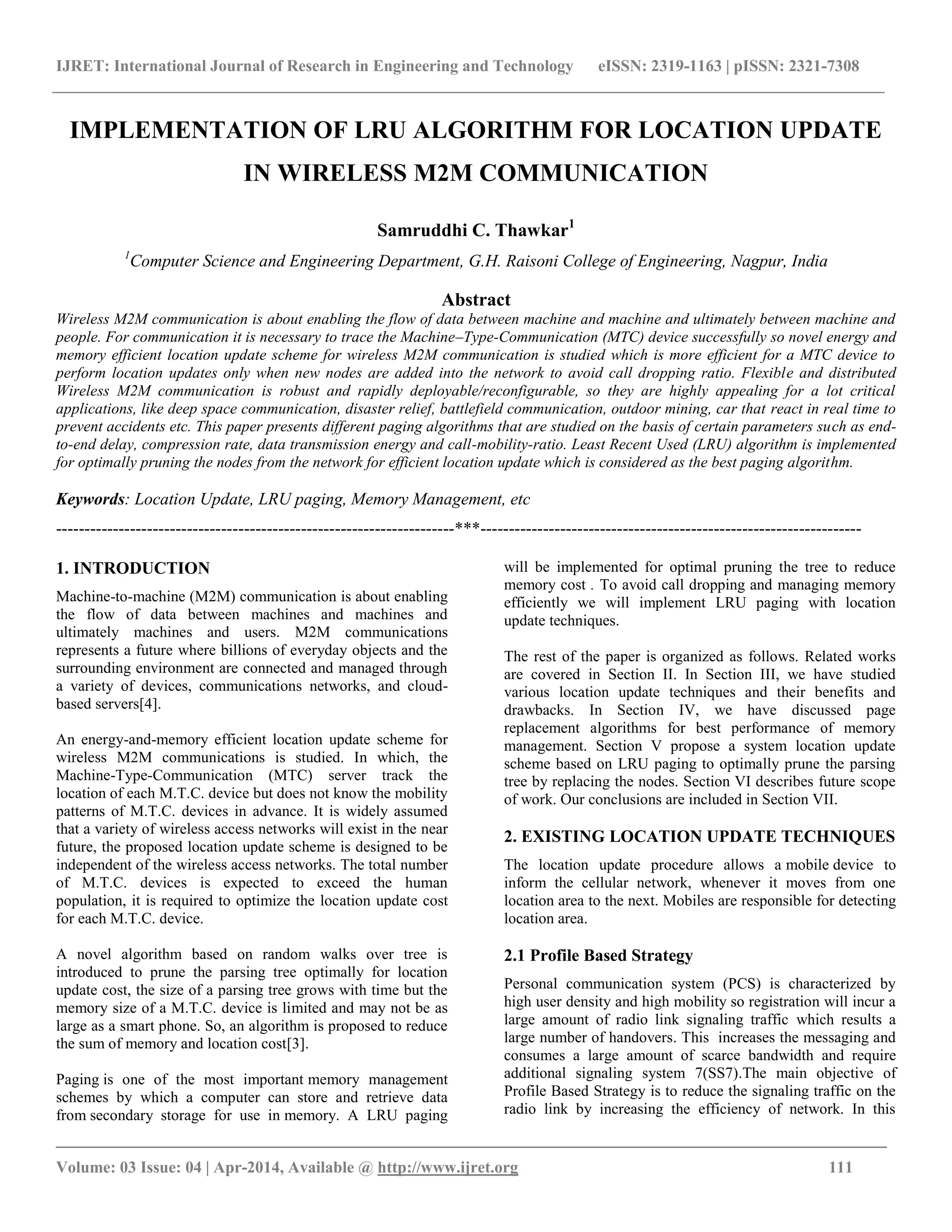 Implementation Of Lru Algorithm For Location Update In Wireless M2 M Communication Pdf