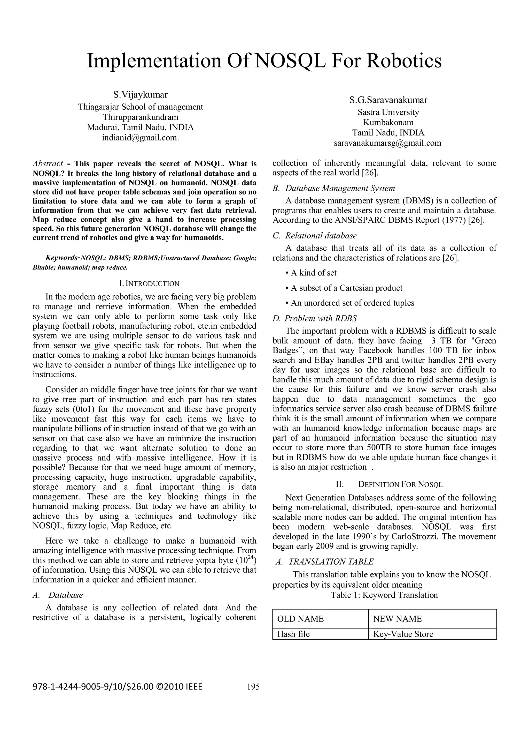Implementation of nosql for robotics | PDF | Databases | Computer Software and Applications