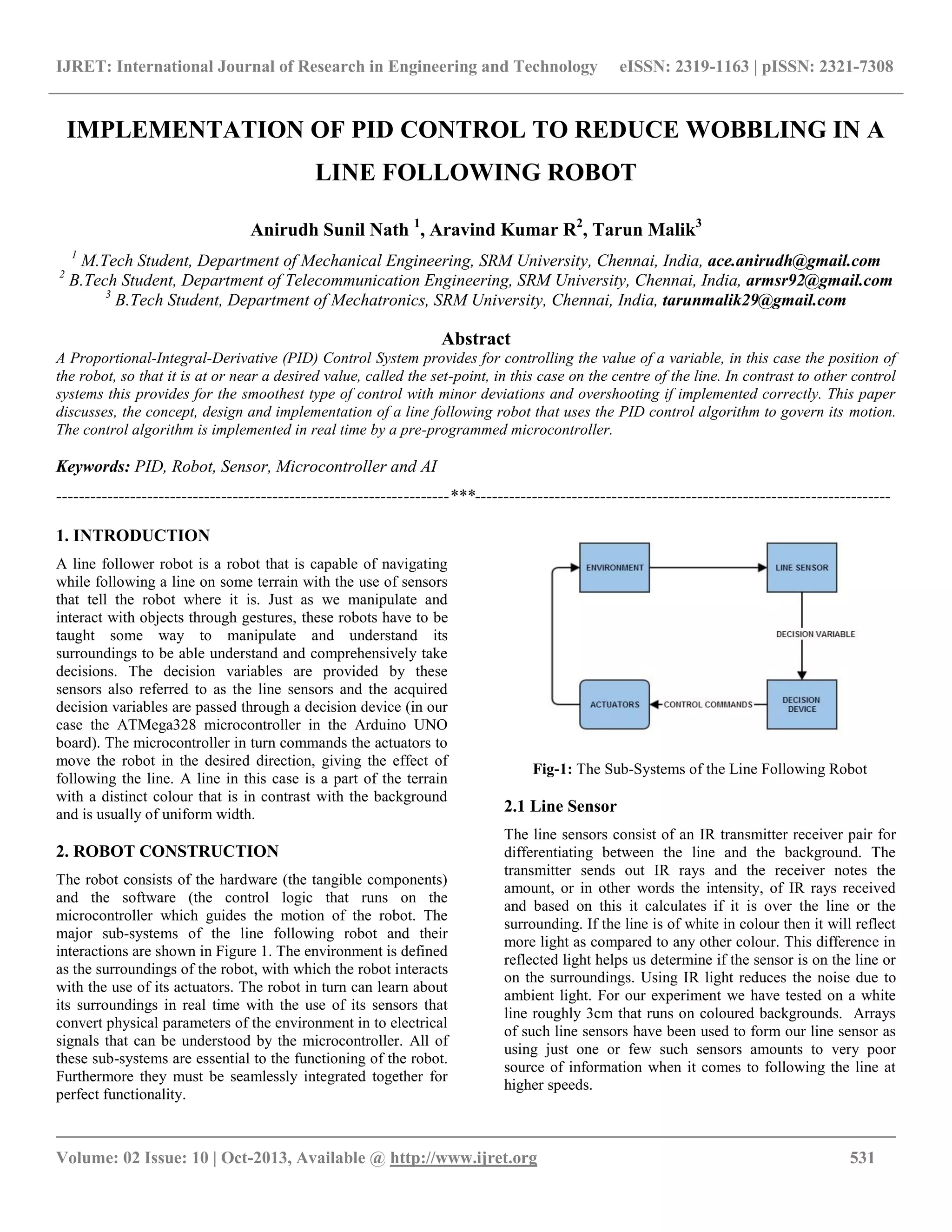 Implementation of pid control to reduce wobbling in a line following robot | PDF