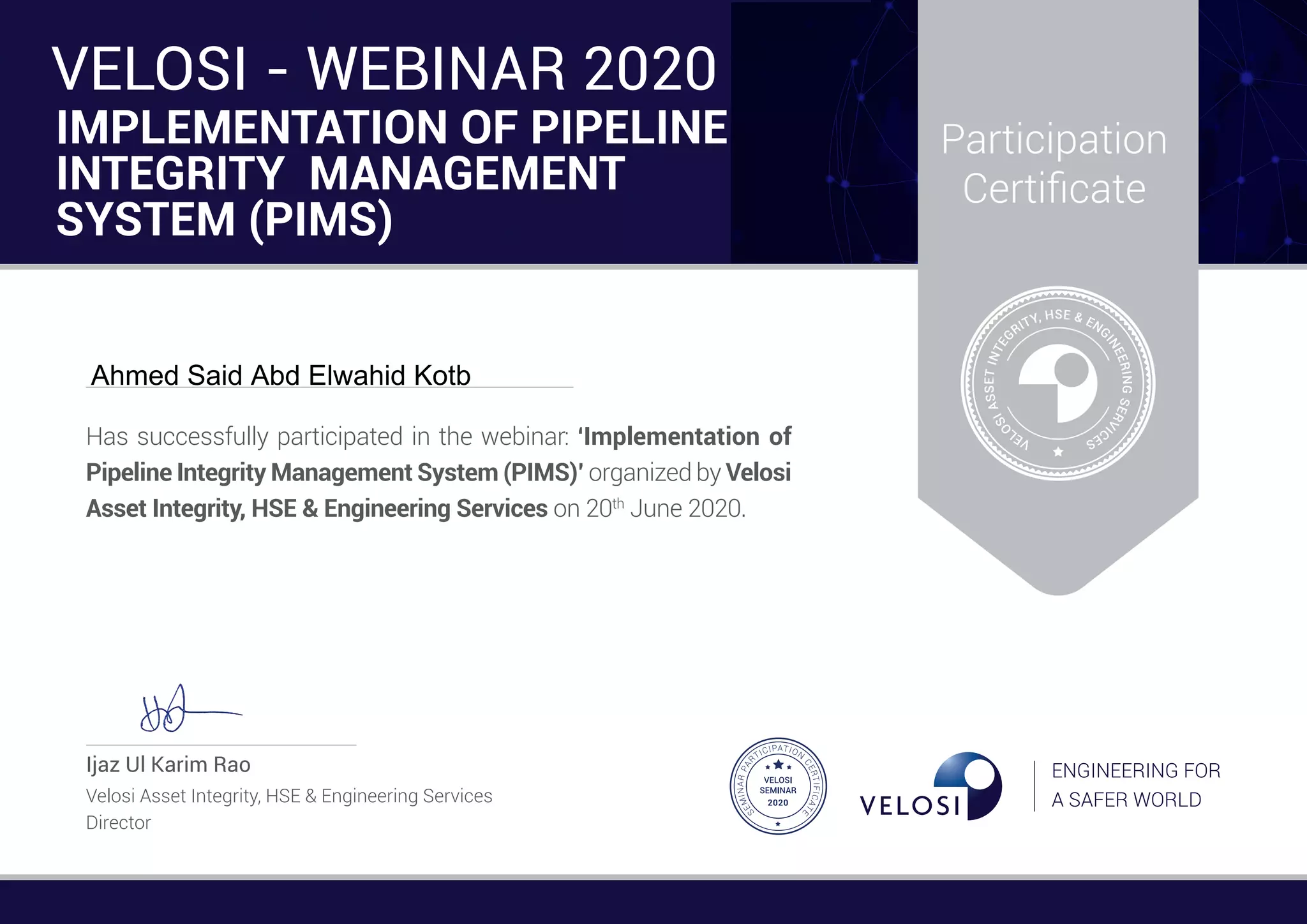 Certificate of Completion "Implementation of Pipeline Integrity Management System (PIMS)" Online ...