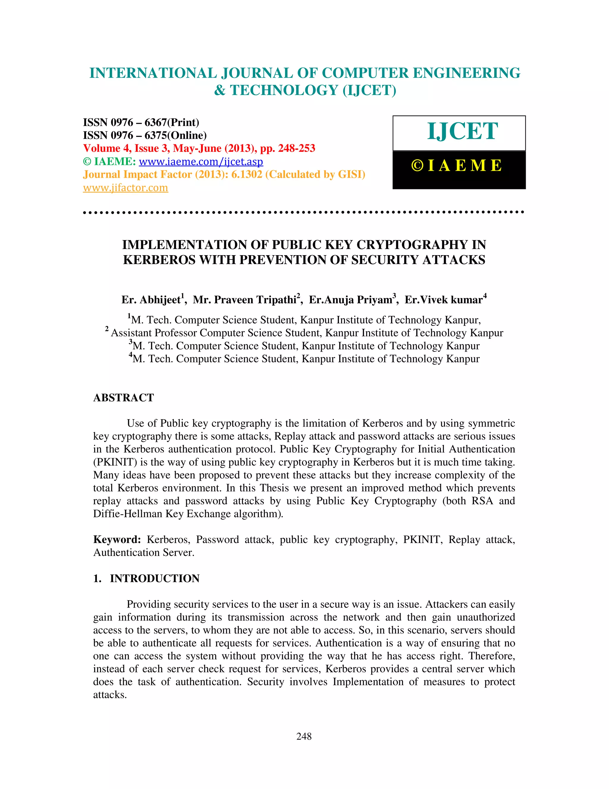 Implementation Of Public Key Cryptography In Kerberos With Prevention