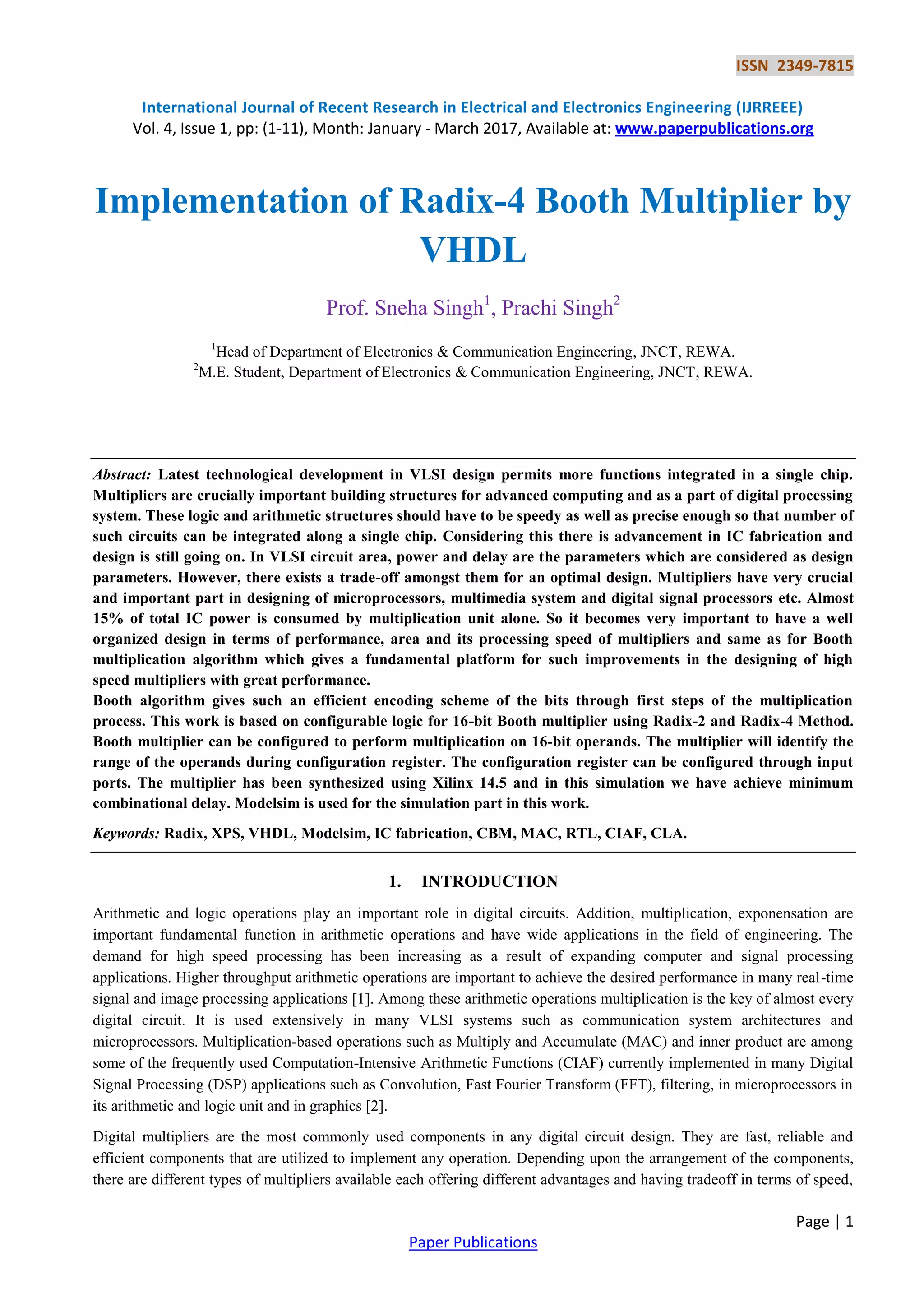 Implementation of Radix-4 Booth Multiplier by VHDL | PDF