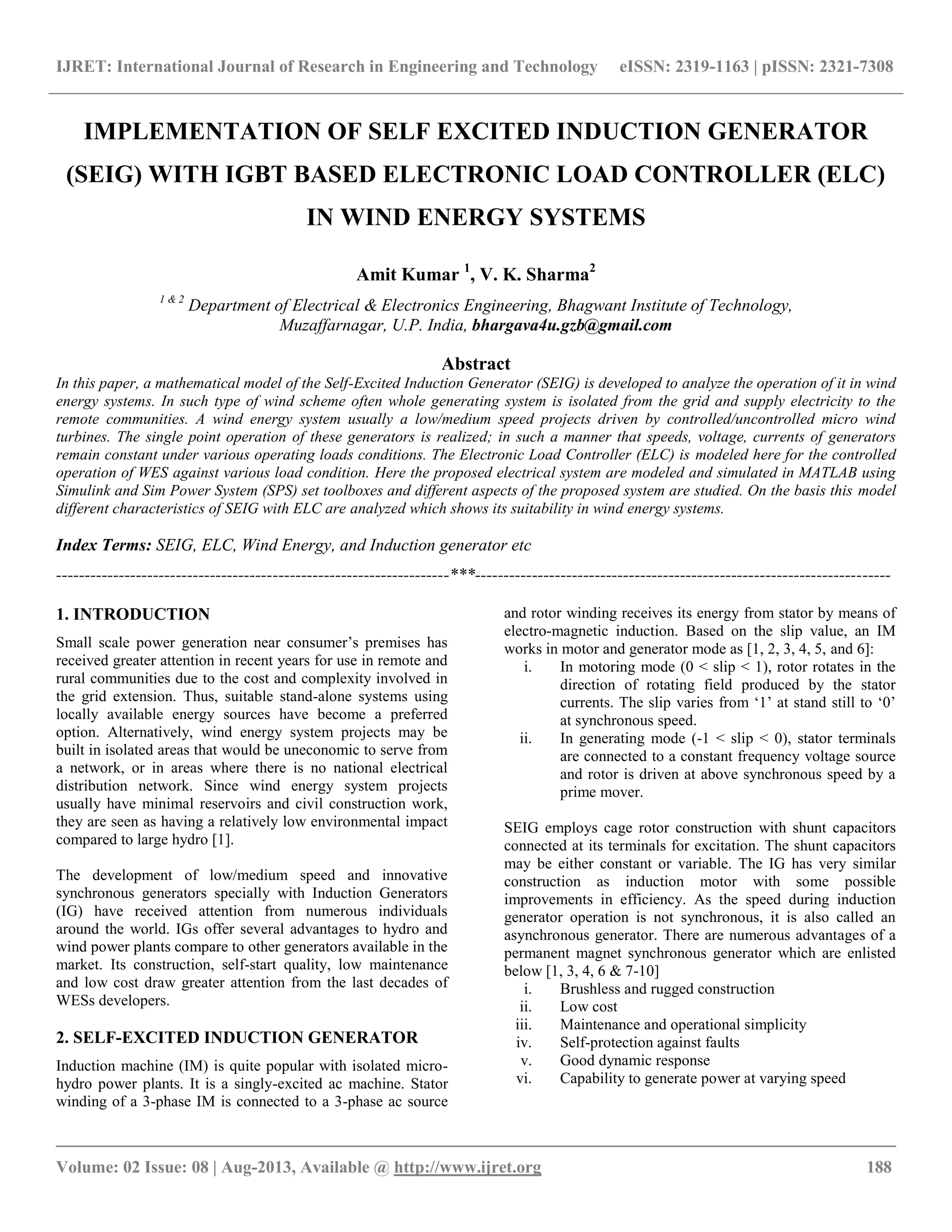 Implementation of self excited induction generator (seig) with igbt based electronic load ...