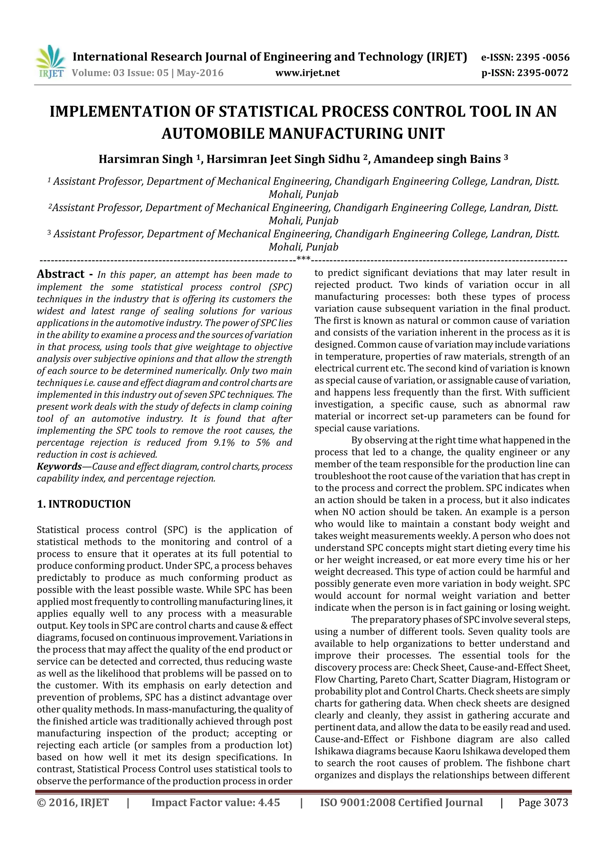IMPLEMENTATION OF STATISTICAL PROCESS CONTROL TOOL IN AN AUTOMOBILE ...