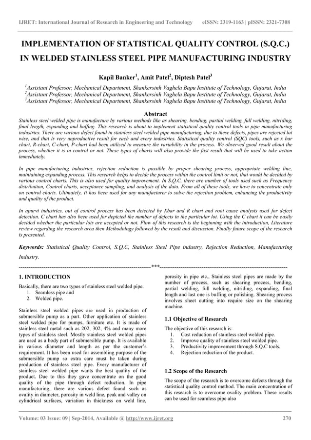 Implementation of statistical quality control (s.q.c.) in welded stainless steel pipe ...