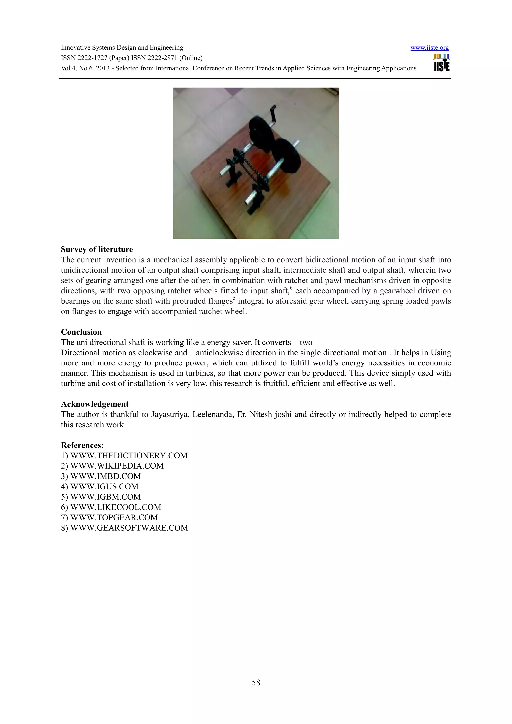 Implementation of uni directional shaft for energy conservation | PDF