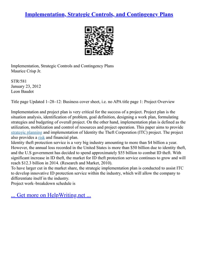 Implementation, Strategic Controls, And Contingency Plans | PDF