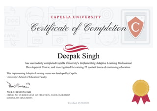 Implementing Adaptive Learning Certificate of Deepak (Danny) Singh | PDF