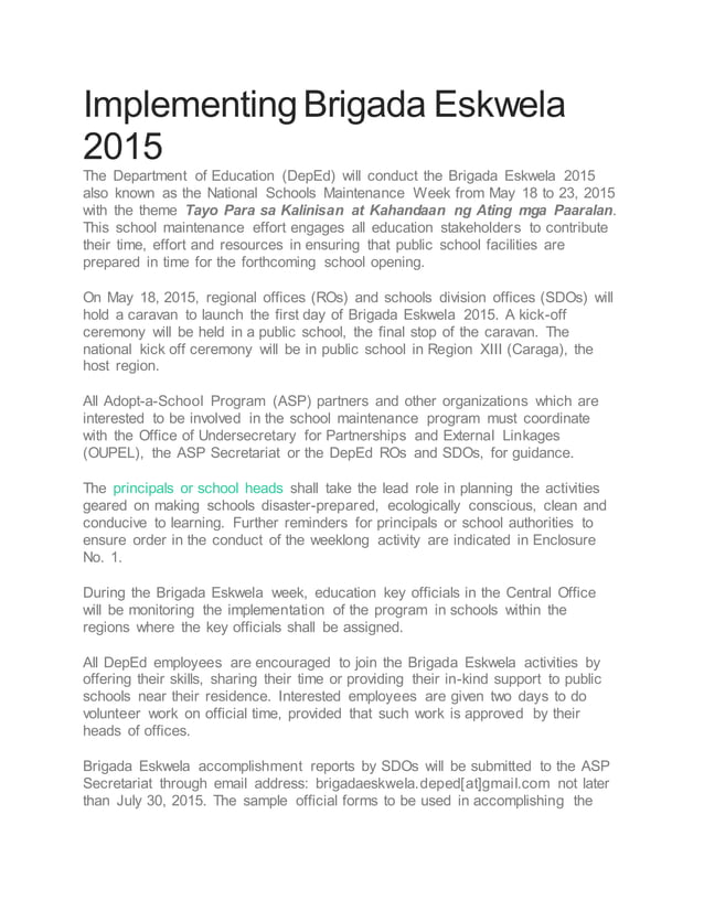 Implementing brigada eskwela 2015 | DOCX