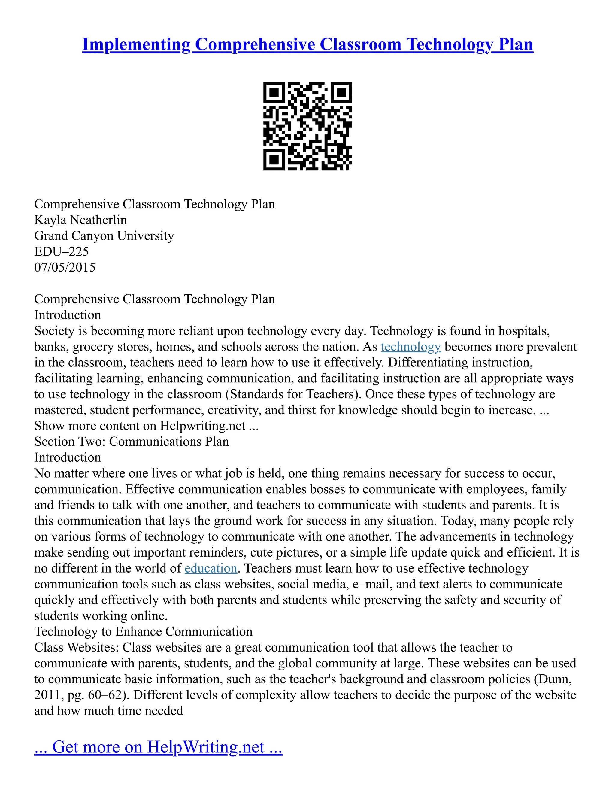 Implementing Comprehensive Classroom Technology Plan | PDF | Business ...