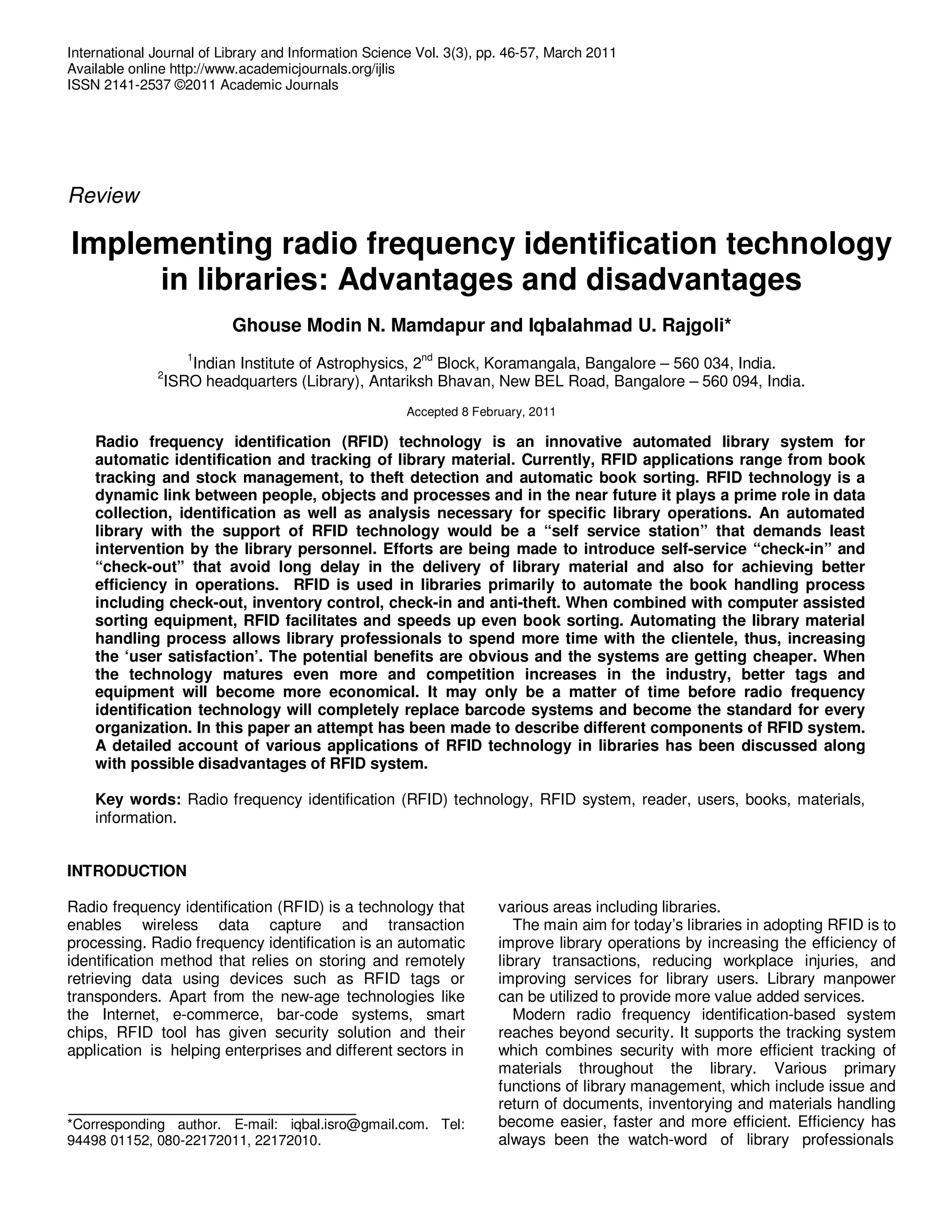 Implementing radio frequency identification technology in libraries ...