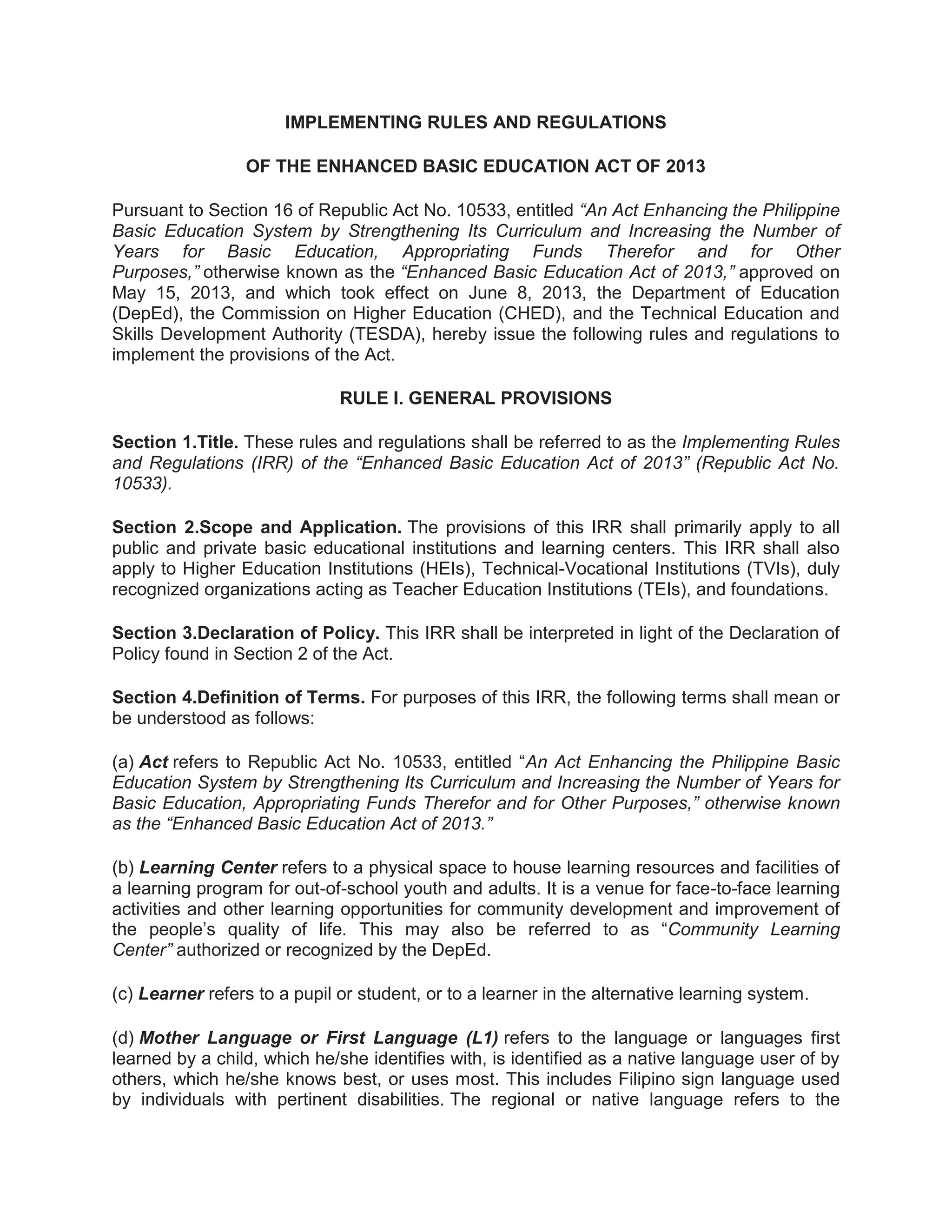 Implementing rules and regulations ra 10533 | DOCX