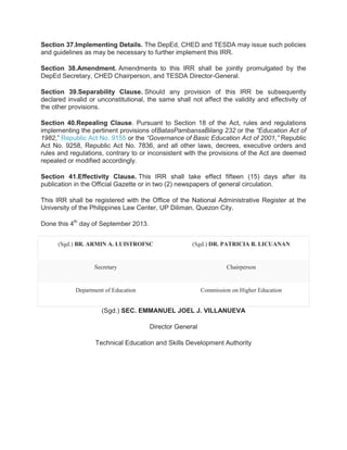 Implementing rules and regulations ra 10533 | DOCX
