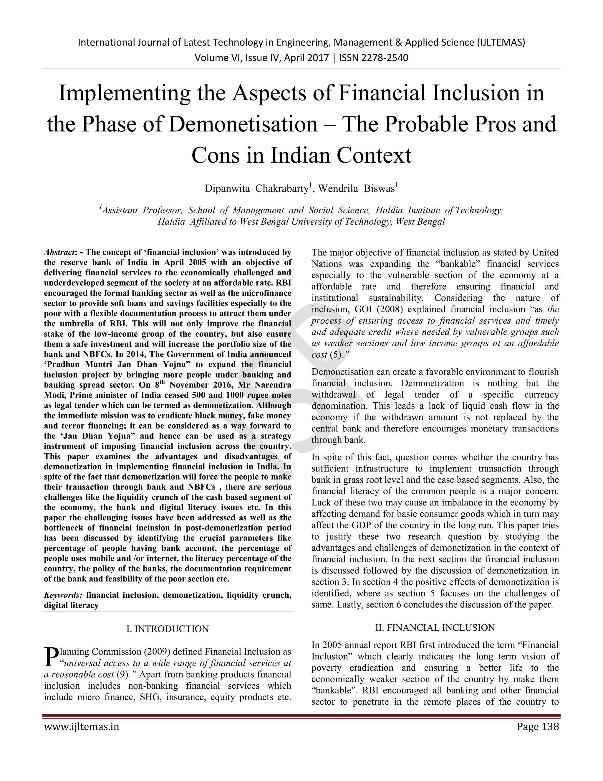 Implementing the aspects of financial inclusion in the phase of demonetisation – the probable ...