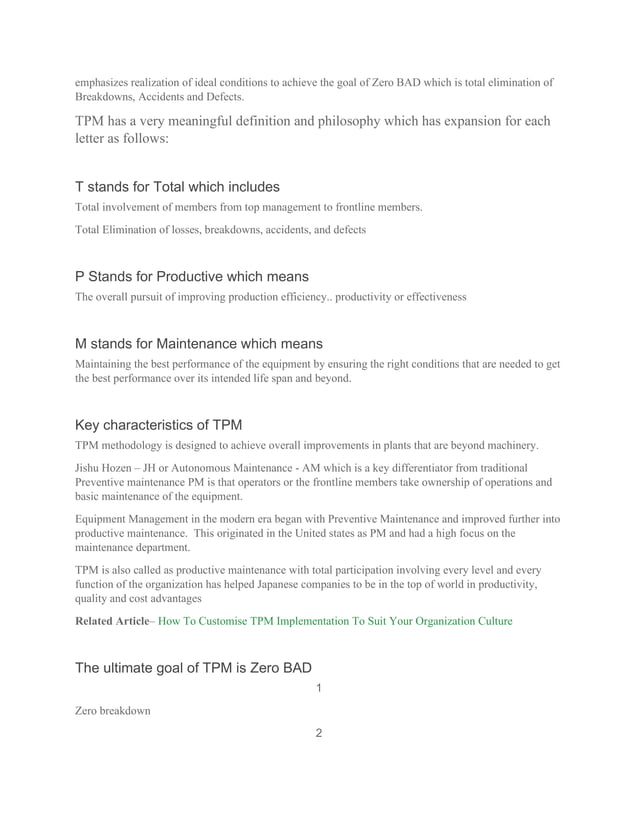 Implementing total productive maintenance in manufacturing | PDF