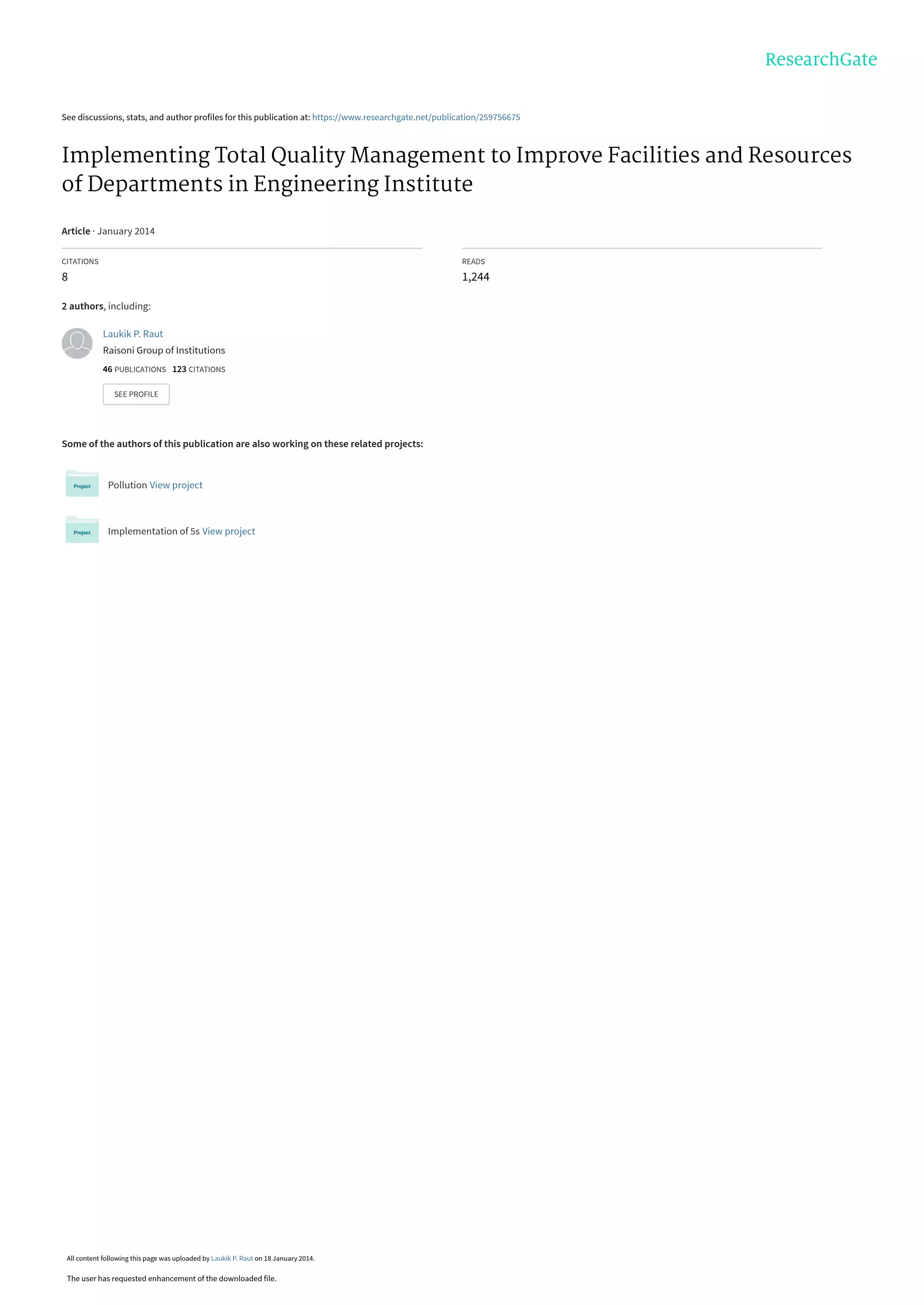 Implementing total quality management to improve facilities | PDF