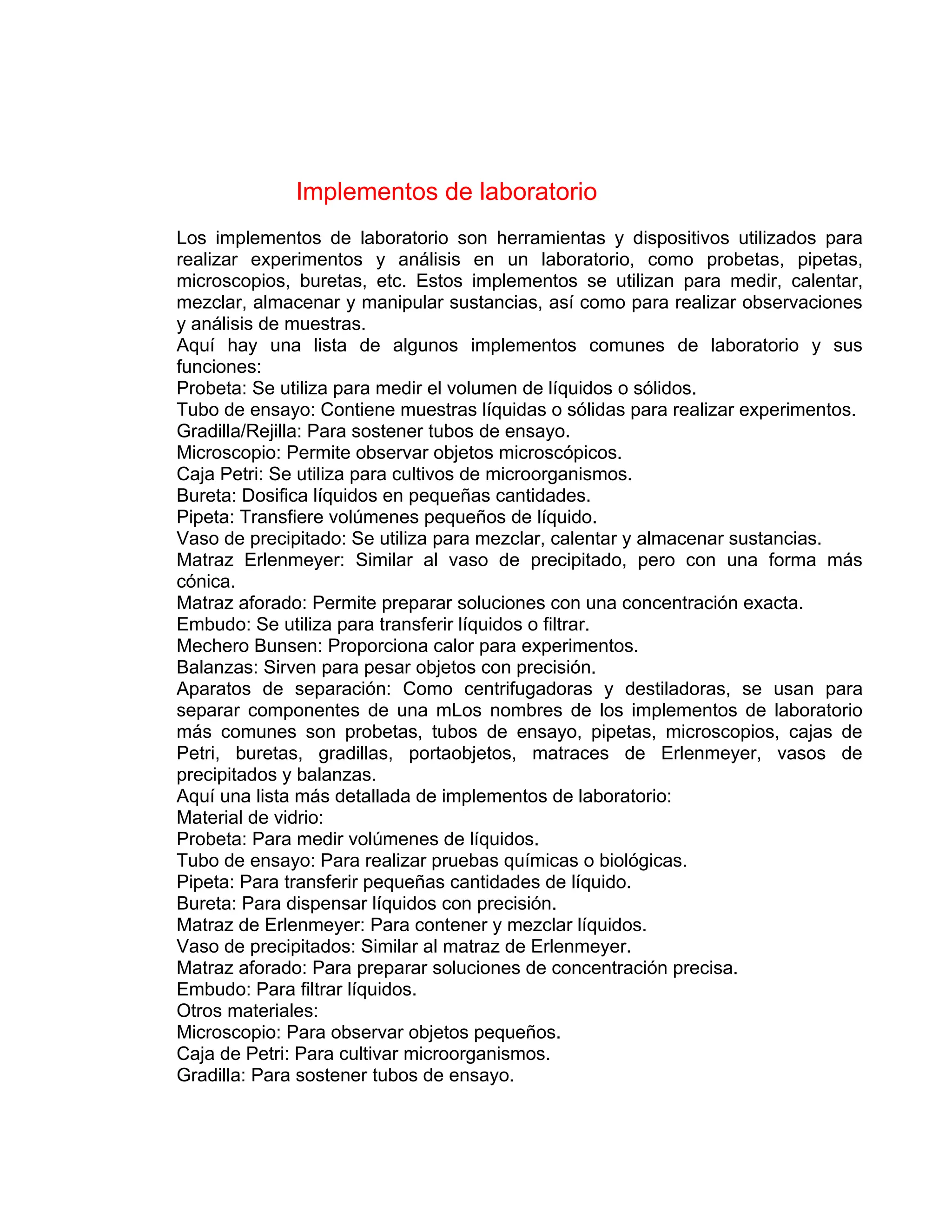 Implementos de laboratorio conoce cuales son y que se hace con ellos | DOCX