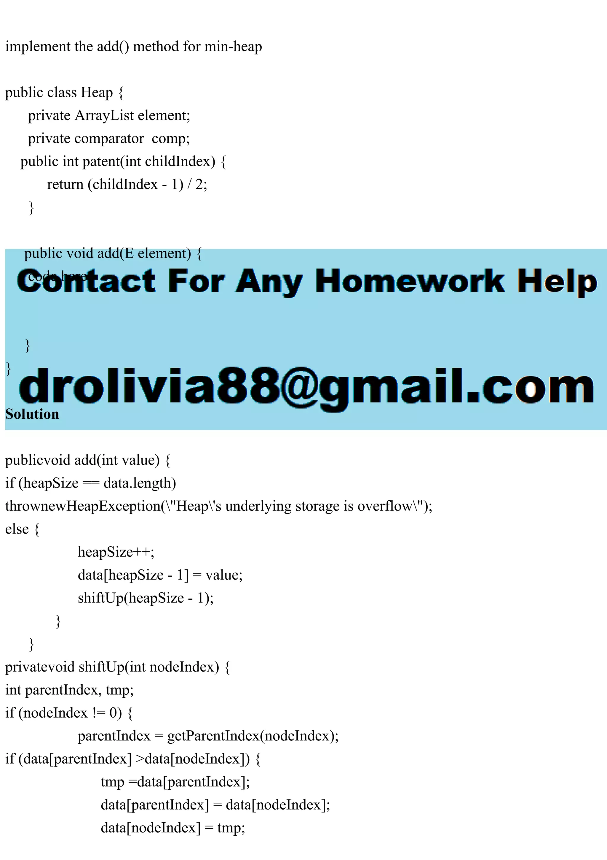 Implement The Add Method For Min Heappublic Class Heap Pdf