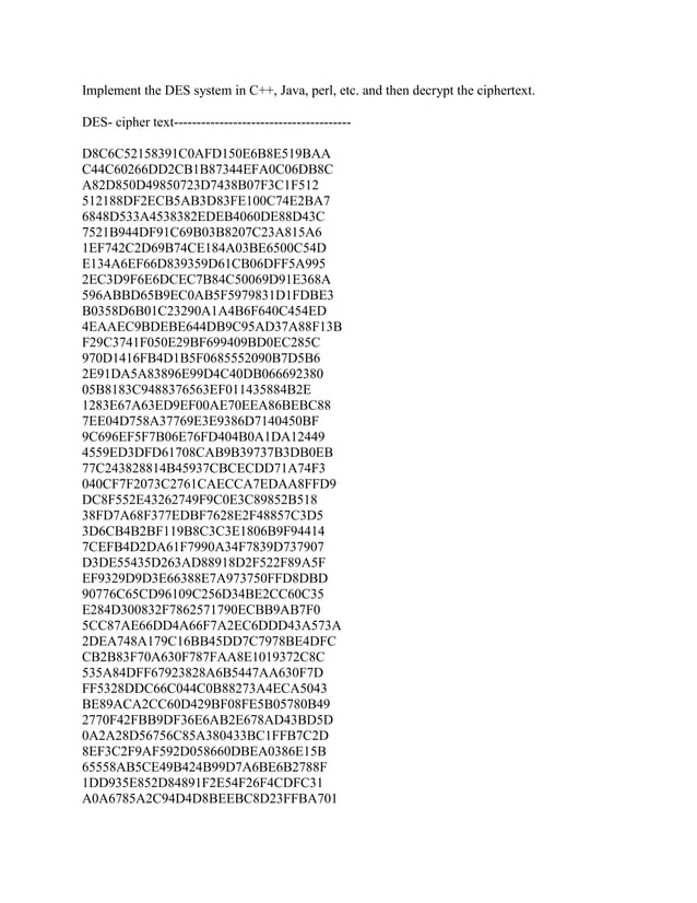 Implement the DES system in C++- Java- perl- etc- and then decrypt the.docx