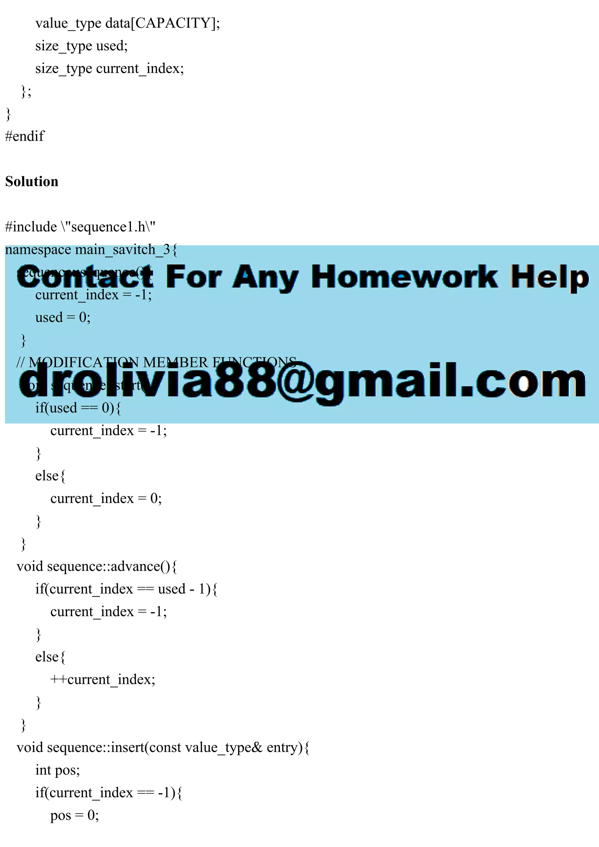 Implement the sequence class from Section 3.2 of the textbook. The d.pdf