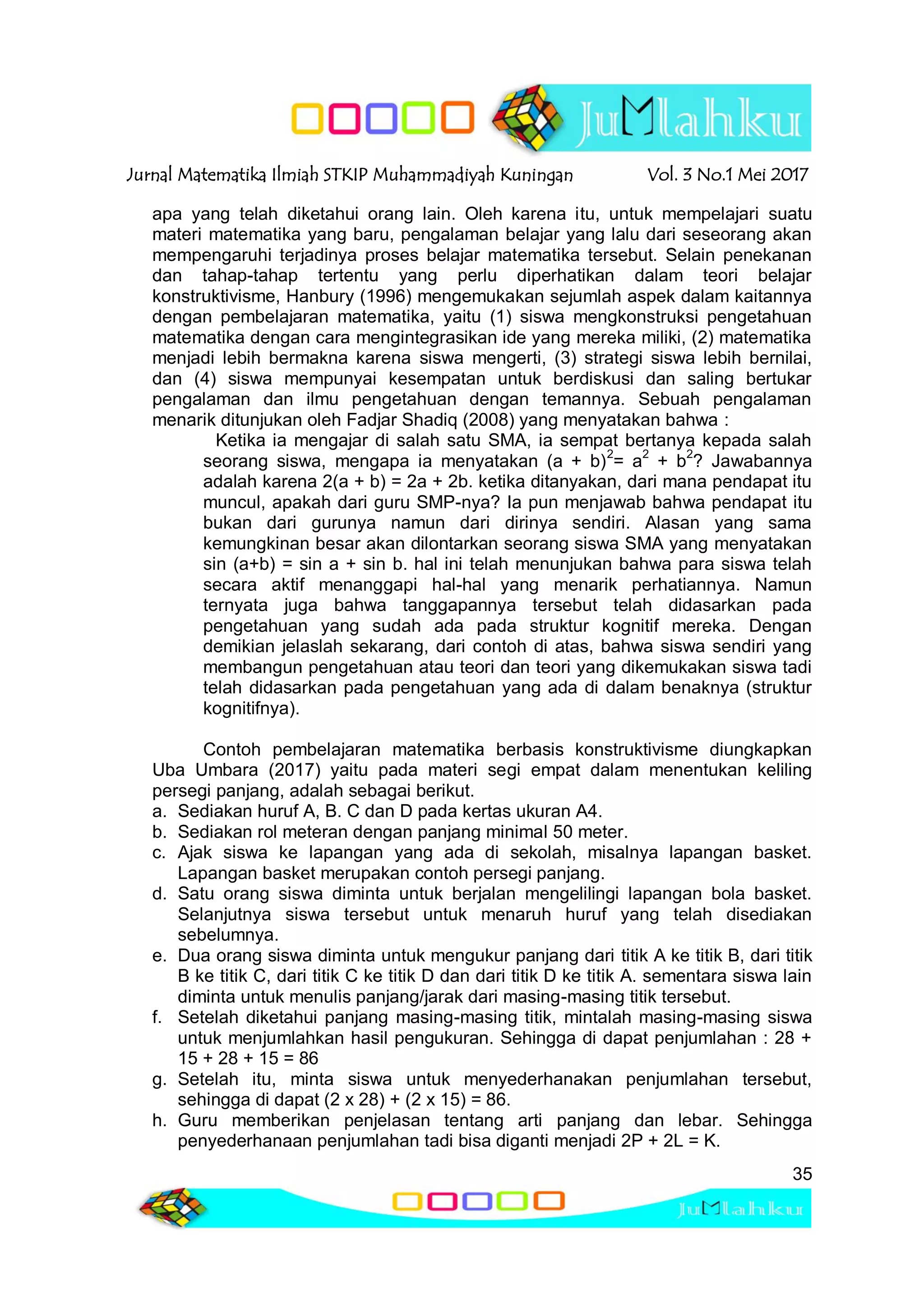Implikasi teori belajar konstruktivisme dalam pembelajaran matematika | PDF