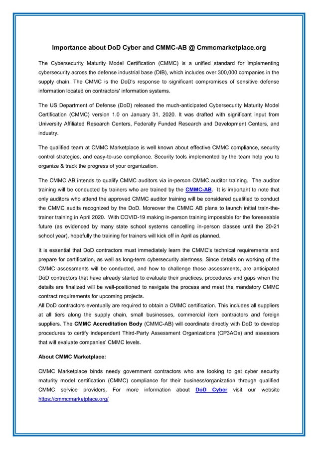 Importance about do d cyber and cmmc ab at cmmcmarketplace.org
