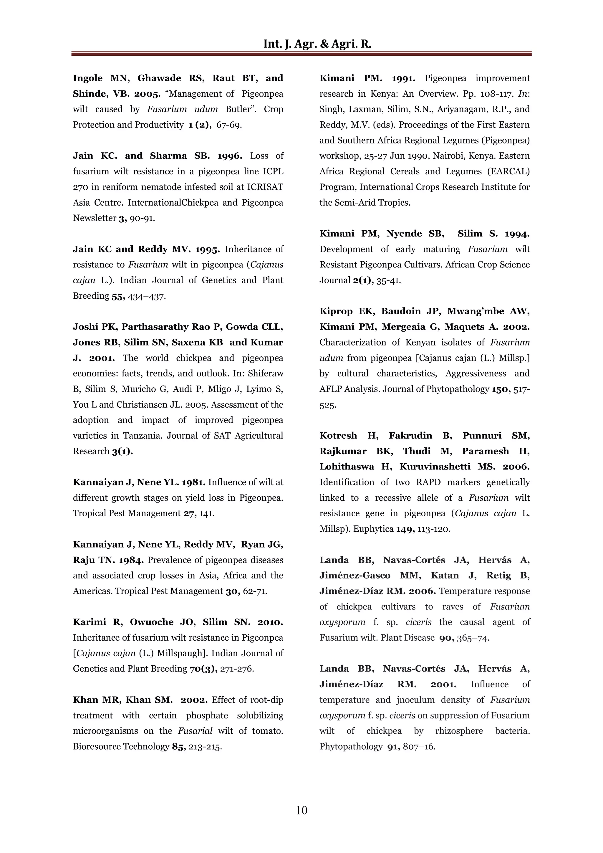 Importance and management of fusarium wilt (Fusarium udum Butler) of ...