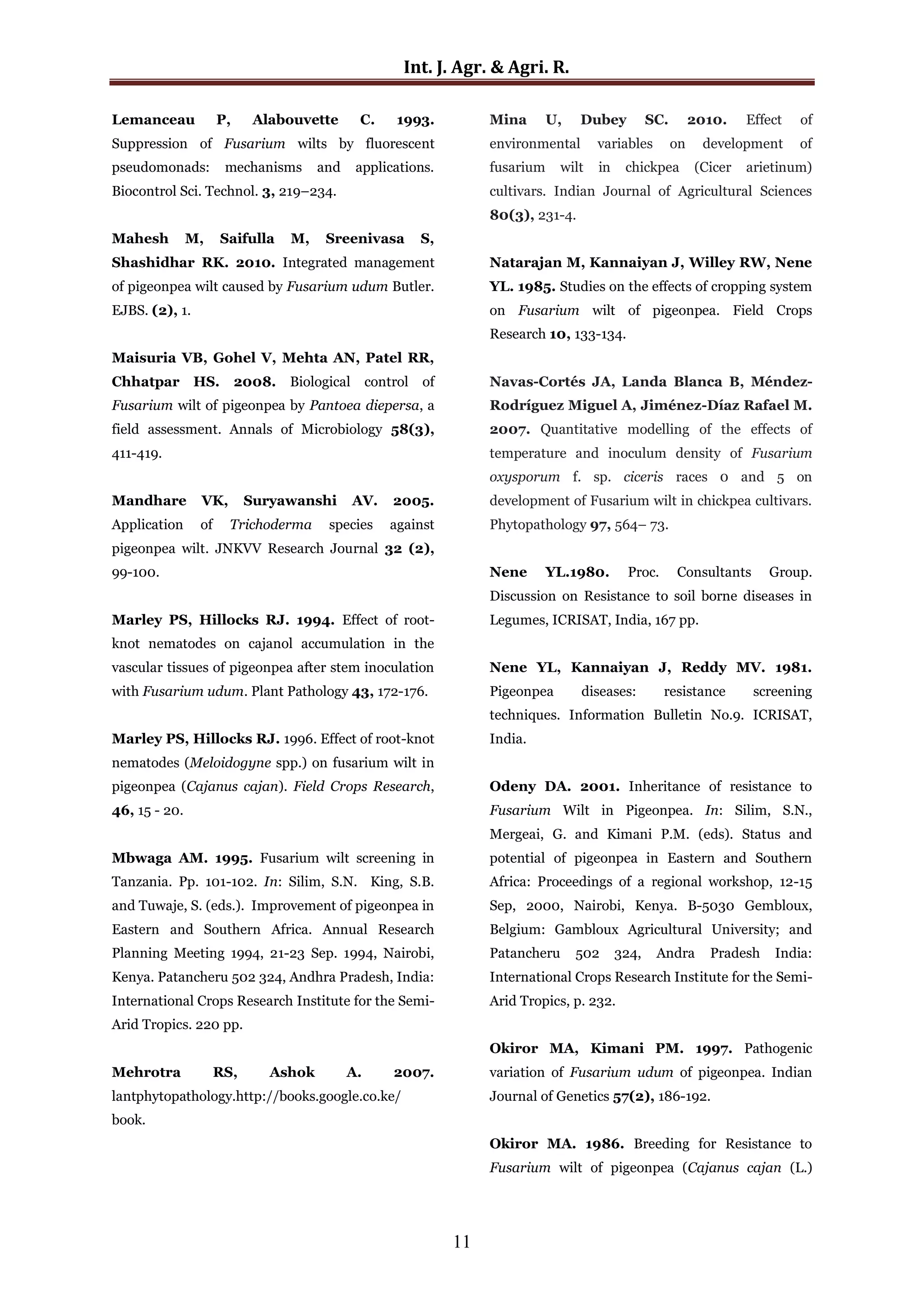 Importance and management of fusarium wilt (Fusarium udum Butler) of ...