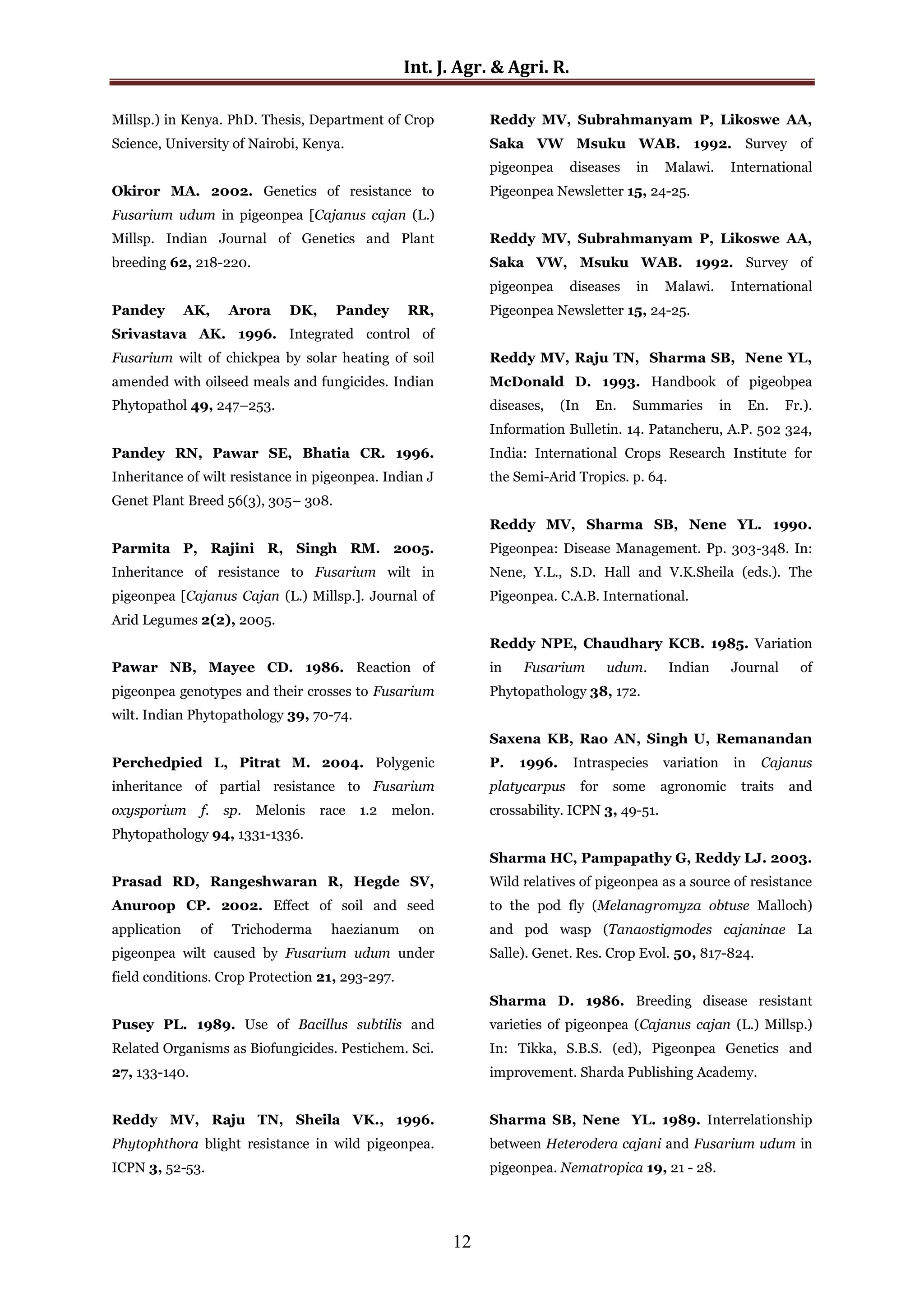 Importance and management of fusarium wilt (Fusarium udum Butler) of ...