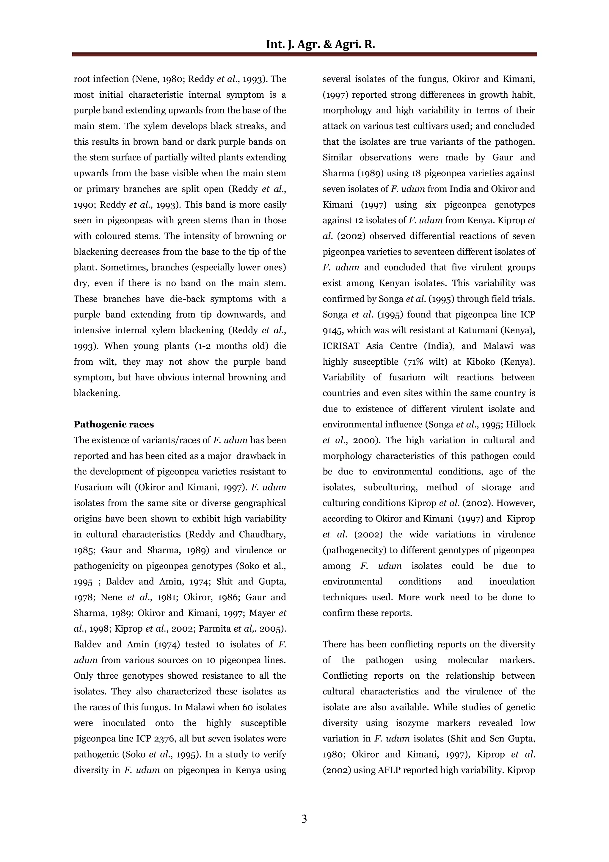 Importance and management of fusarium wilt (Fusarium udum Butler) of ...