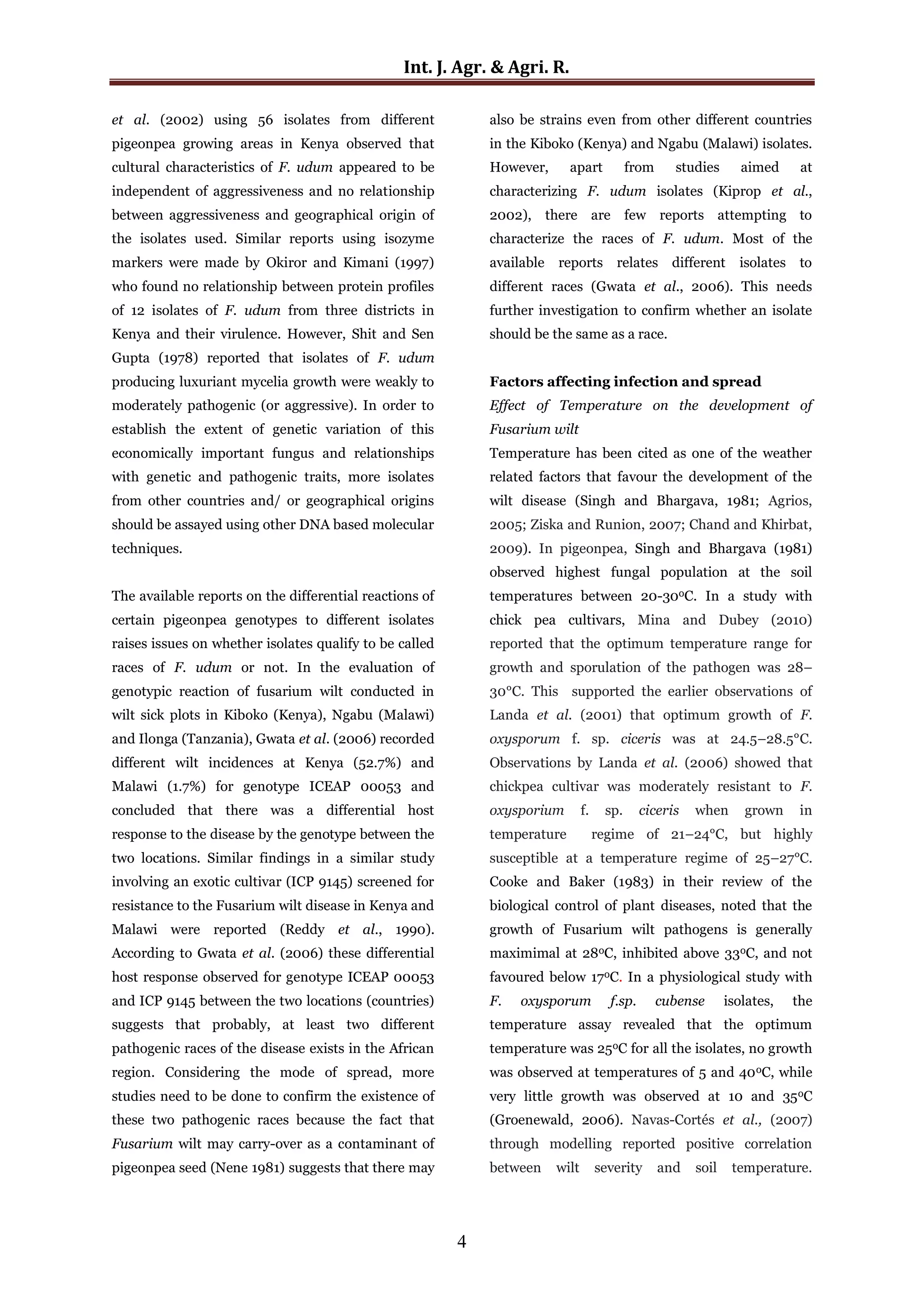 Importance and management of fusarium wilt (Fusarium udum Butler) of ...
